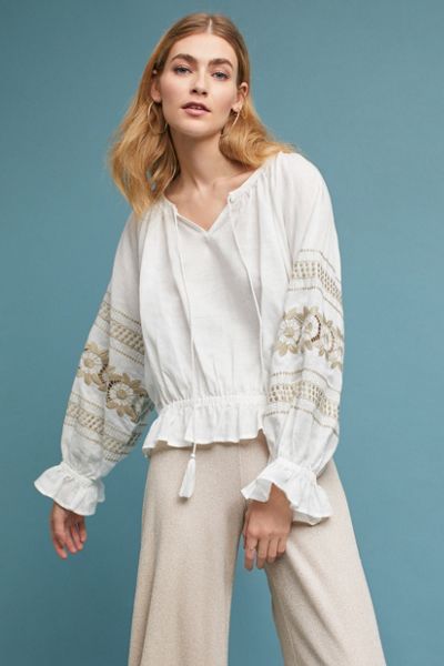 Embroidered Linen Peasant Top | Anthropologie