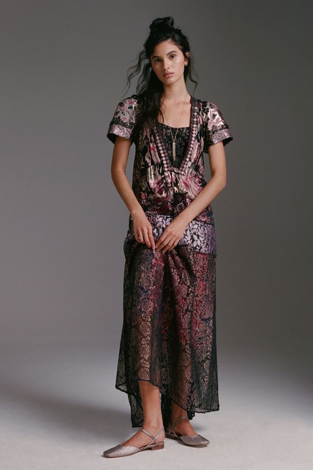 Byron Lars Sequined Metallic Lace Maxi Dress | Anthropologie