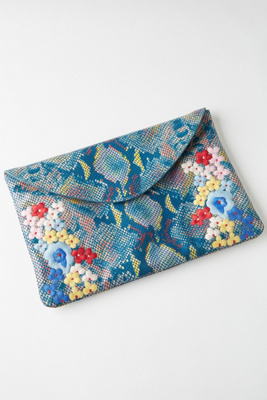 Embroidered Snake-Printed Clutch | Anthropologie