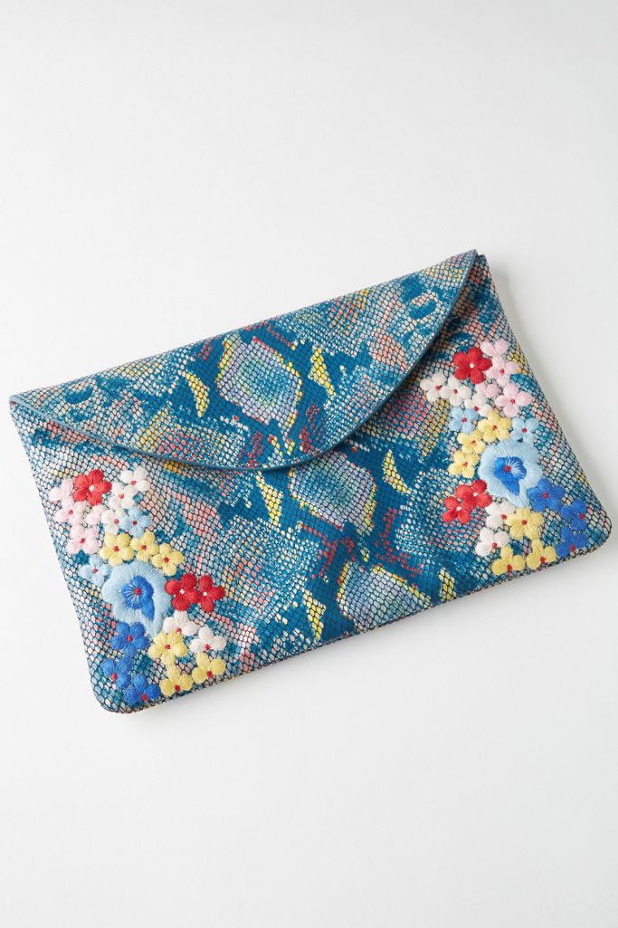 Embroidered Snake-Printed Clutch | Anthropologie