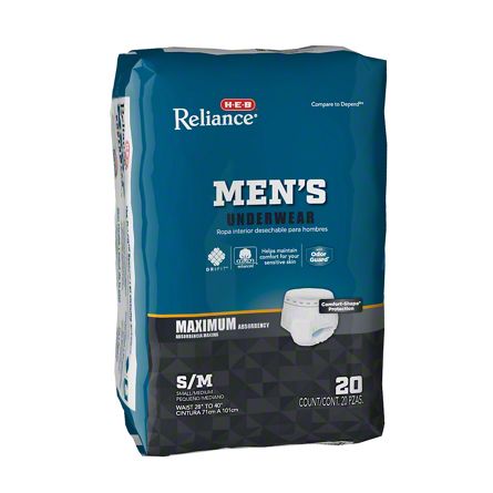 H-E-B Reliance Underwear for Men, Maximum Absorbency, 20 Count, Small ...