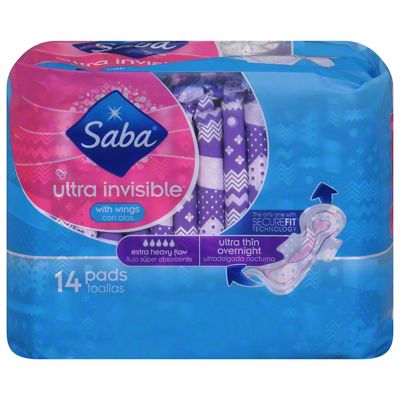 Saba Ultra Invisible Pads with Wings - Ultra Thin Overnight, 14 ct ...