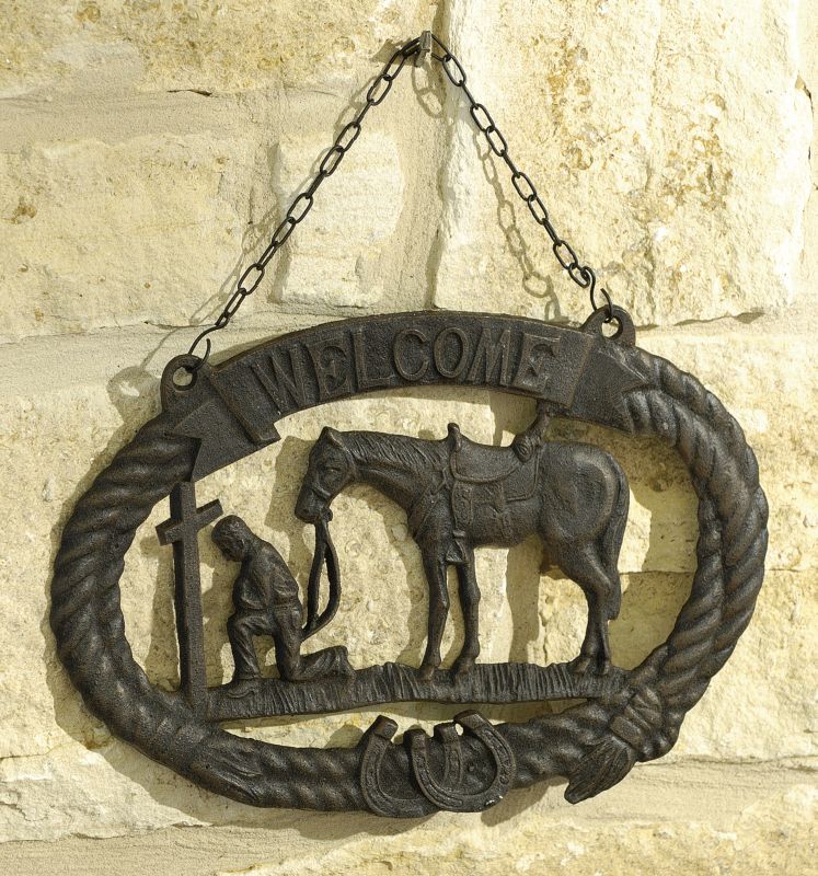 Praying Cowboy Cast Iron Welcome Sign - StateLineTack.com
