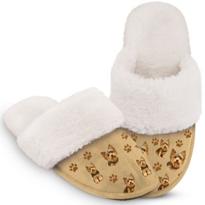 Yorkie Womens Tan Faux Suede Slippers Adorned With An All Over Pattern ...