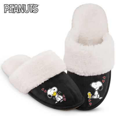 PEANUTS Snoopy And Woodstock Black Faux Suede Slippers Adorned With ...