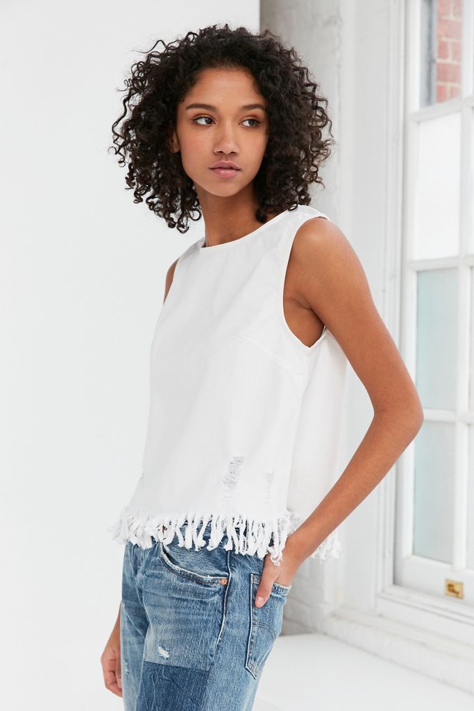 Silence + Noise Distressed Denim Fringe Tank Top | Urban Outfitters