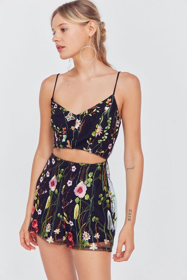 Kimchi Blue Floral Embroidered Mesh Cut-Out Romper | Urban Outfitters