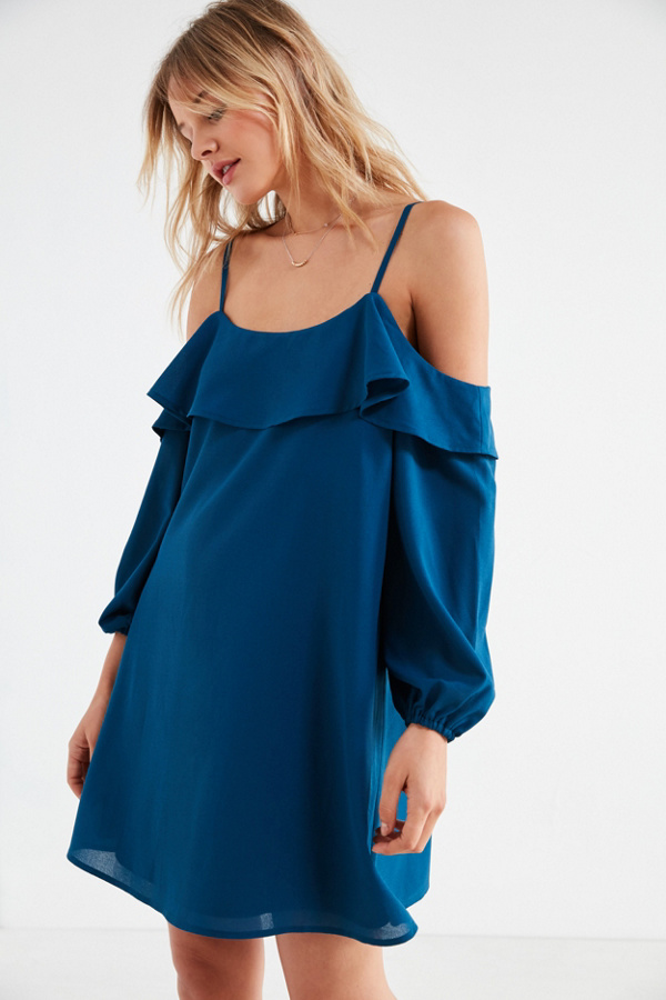 UO Ruffle-Neck Cold-Shoulder Dress | Urban Outfitters