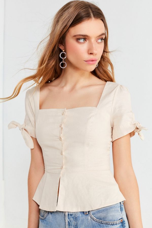 UO Square-Neck Button-Down Linen Top | Urban Outfitters