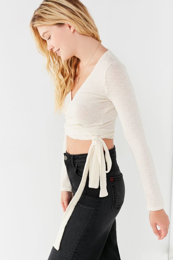 Uo Cozy Long Sleeve Cropped Wrap Top Urban Outfitters