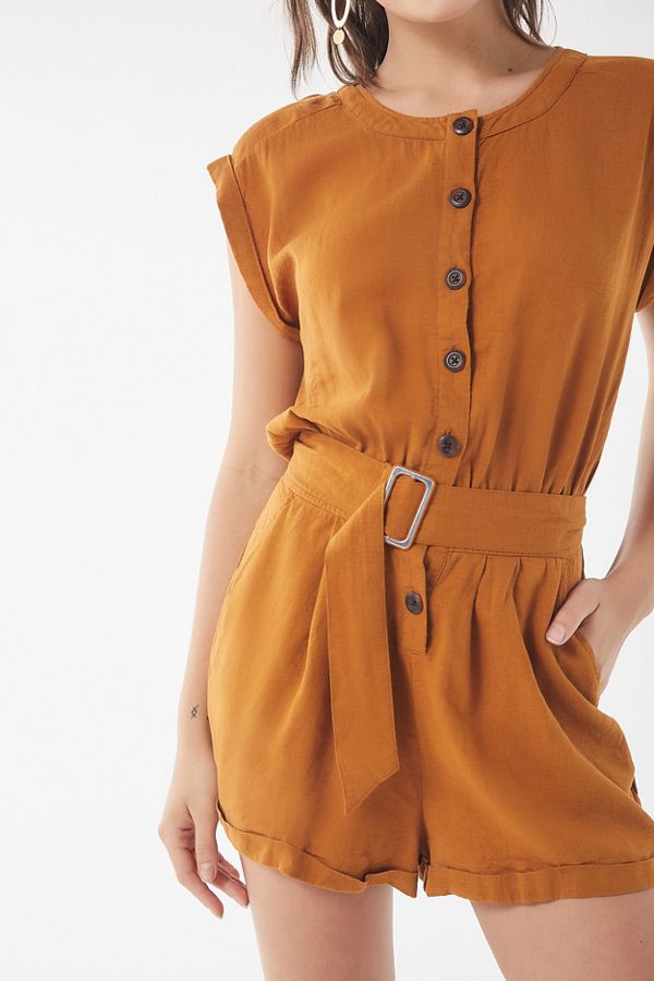 UO Julie Linen Button-Down Romper | Urban Outfitters