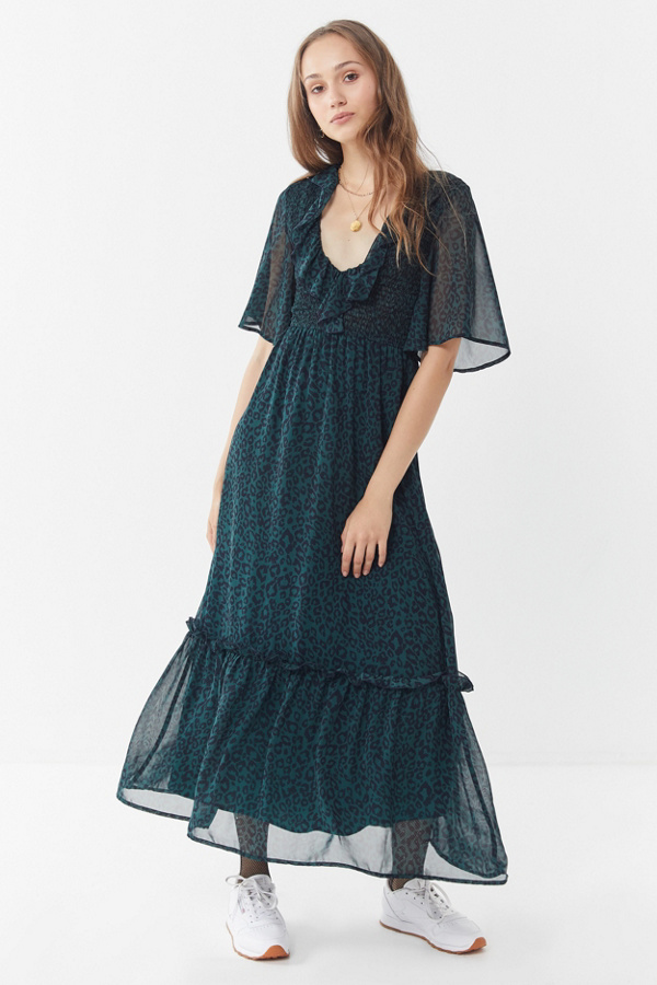 Moon River Leopard Print Mesh Ruffle Maxi Dress | Urban Outfitters Canada