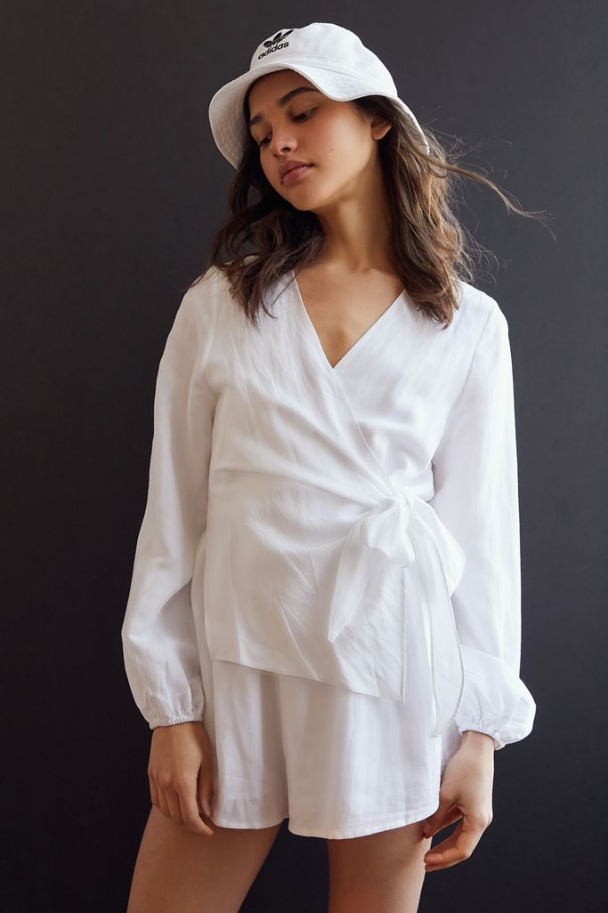 lèRumi Denali Linen Wrap-Front Romper | Urban Outfitters