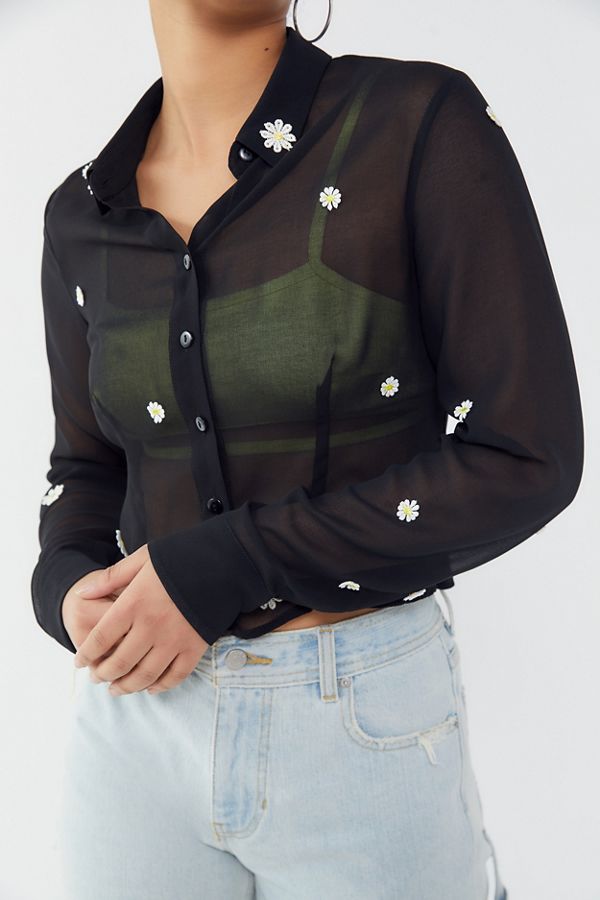 UO Leo Daisy Sheer Button-Down Cropped Top | Urban Outfitters