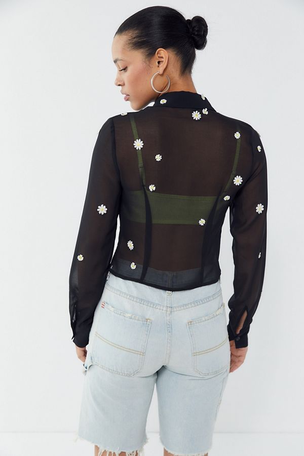 UO Leo Daisy Sheer Button-Down Cropped Top | Urban Outfitters