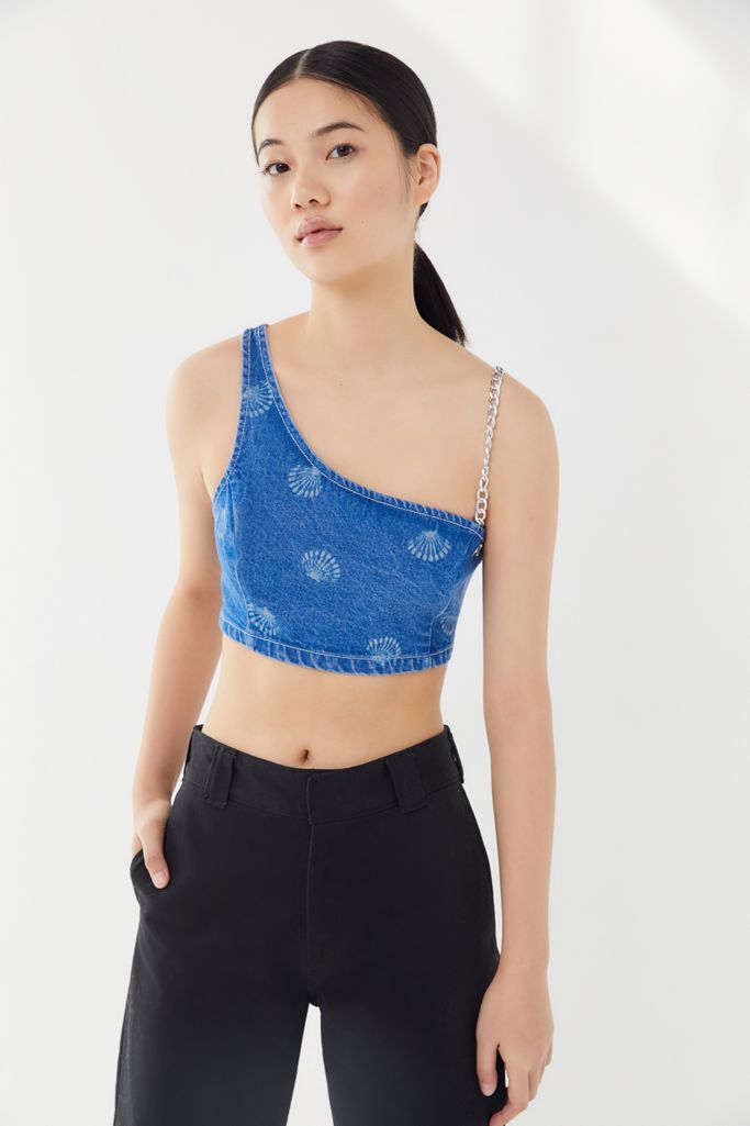 UO Clare Seashell Printed Denim Cropped Top | Urban Outfitters