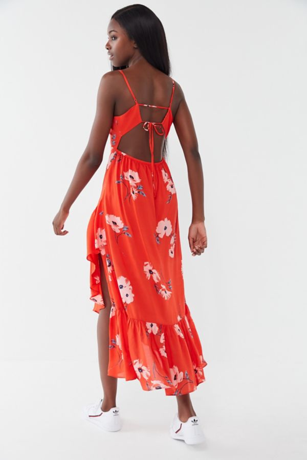 Uo Fireworks Floral Tie Back Ruffle Midi Dress Urban Outfitters
