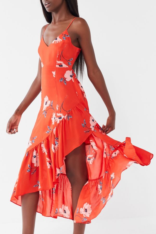 Uo Fireworks Floral Tie Back Ruffle Midi Dress Urban Outfitters