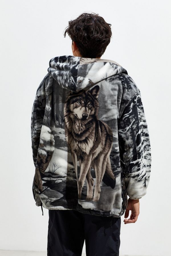 Wolf Print Full-Zip Sherpa Jacket | Urban Outfitters
