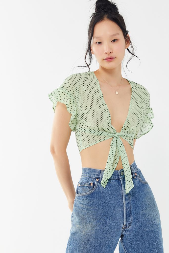 Urban Renewal Remnants Polka Dot Cropped Tie Front Top Urban Outfitters