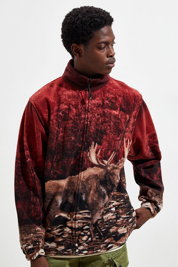 Moose Print Fleece Full-Zip Mock Neck Jacket | Urban Outfitters