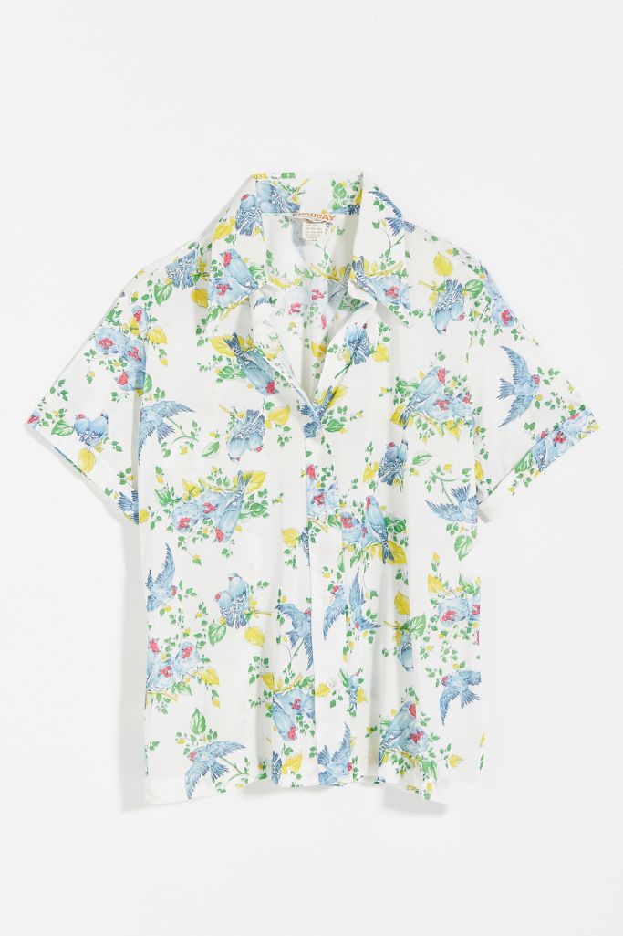 Vintage Blue Bird Print Short Sleeve Button-Down Shirt | Urban Outfitters