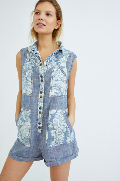 UO Blue Jean Button-Front Romper | Urban Outfitters Canada