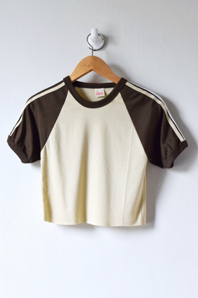 Vintage 70s Tan & Brown Striped Cropped T-Shirt | Urban Outfitters