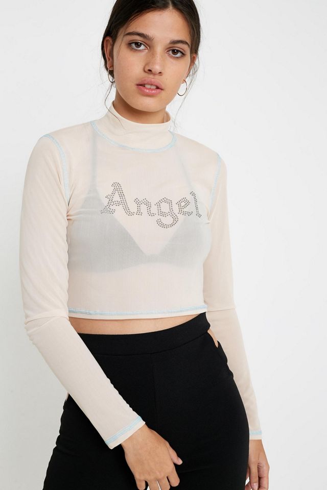 UO Angel Rhinestone Mesh Funnel Neck Top | Urban Outfitters
