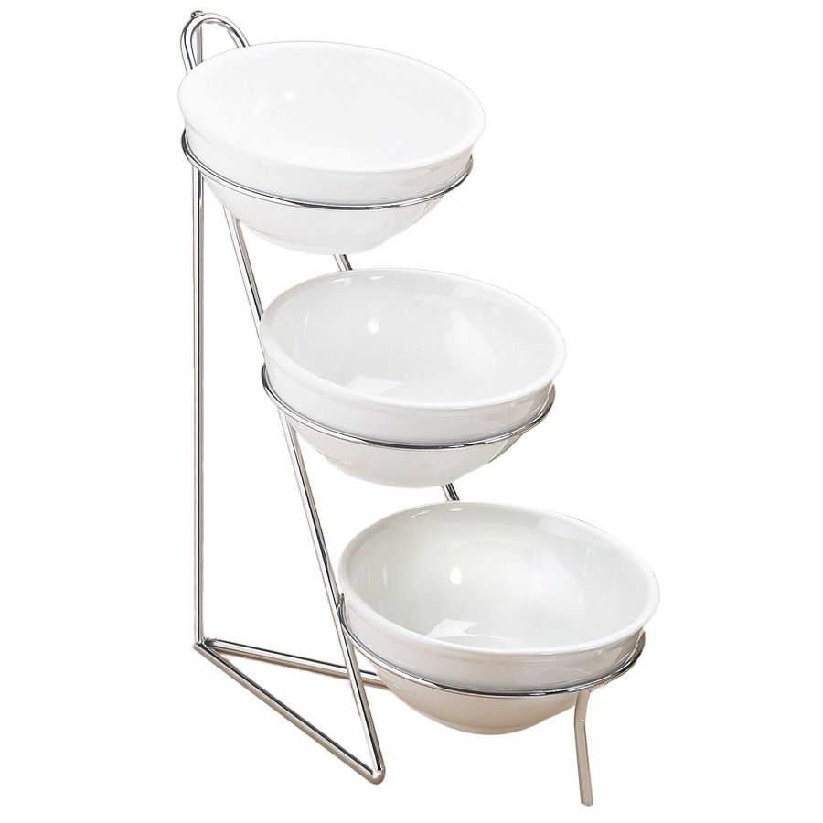 Cal-Mil® Chrome Frame 10" 3 Tier Bowl Rack and White Bowls | Wasserstrom