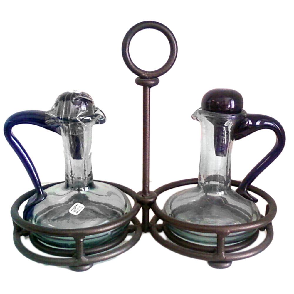 Orion Trading I26-R/CR Cruets with Rustic Copper Holder - Set | Wasserstrom