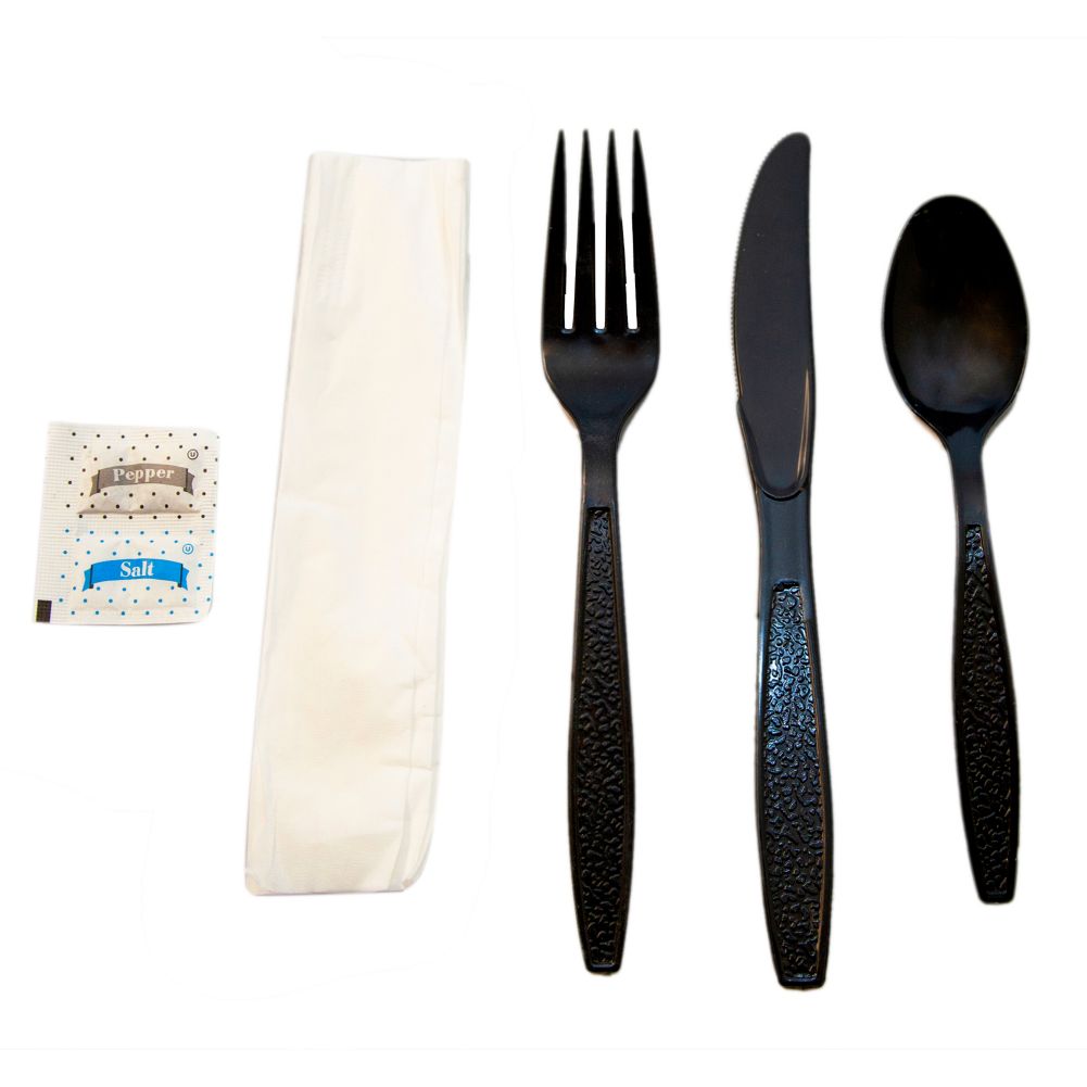 Darling Food Service Heavy Weight Black 6 Pc. Cutlery Kit - 250 / CS ...
